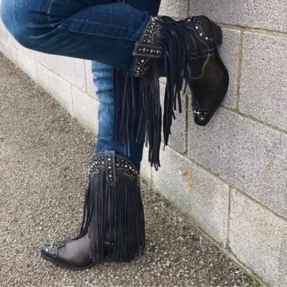 New Rockin’ Country Fringe Cowboy Boots Black Brown S… - Gem
